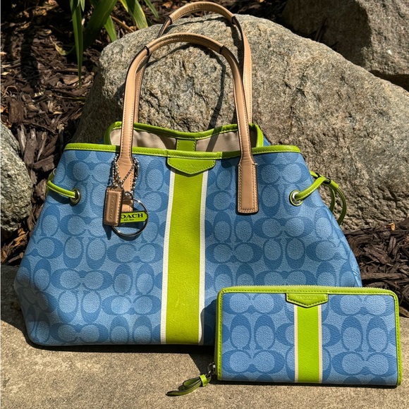 Coach | Bags | Coach Signature Drawstring Carry All Bluegreen Matching ...